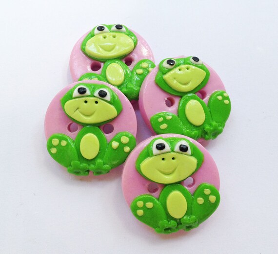 Items similar to Little Frog buttons, 4 pink polymer clay, handmade ...