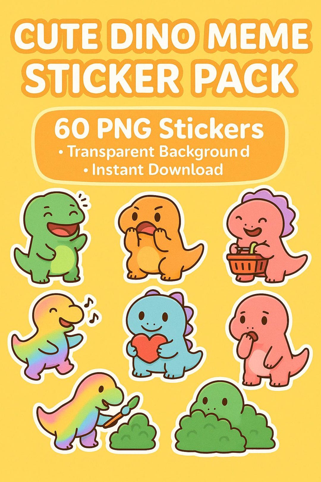 Cute Dino Meme Sticker Pack – 60 Kawaii Dinosaur Pngs | Digital ...