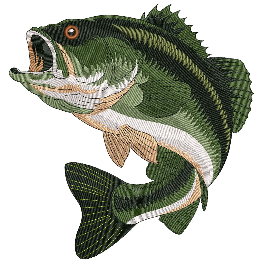 Jumping Largemouth Bass Embroidery Design: Green Fish, Fishing Machine ...