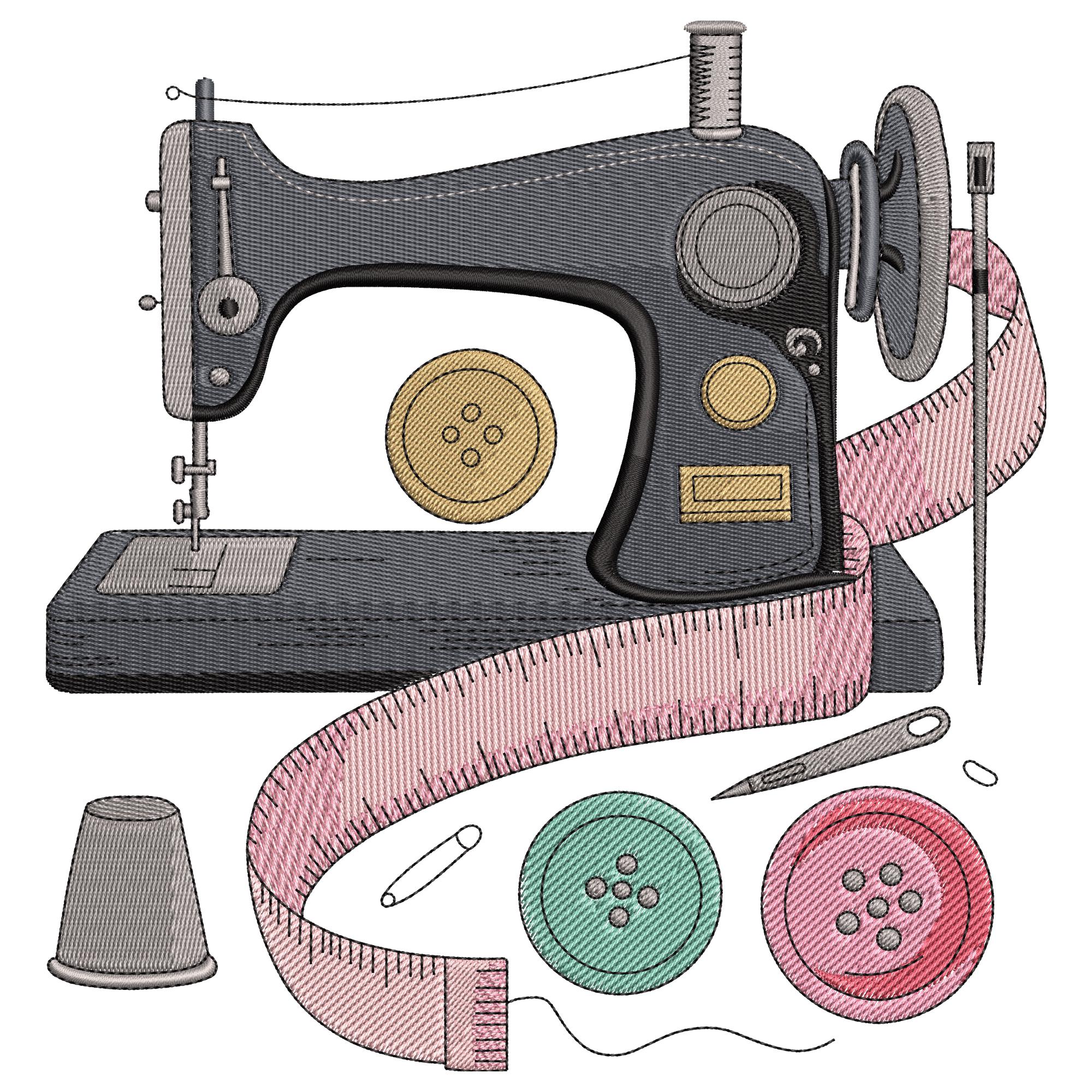 Vintage Sewing Machine With Sewing Tools Embroidery Design, Floral ...