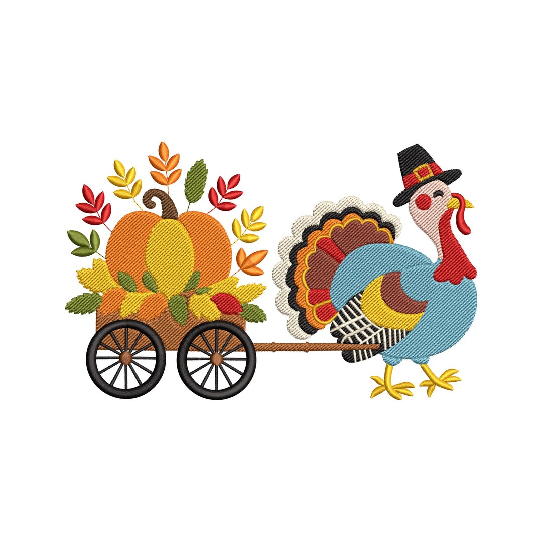 Thanksgiving Turkey Wagon Embroidery Design, Pulling Pumpkin Cart ...