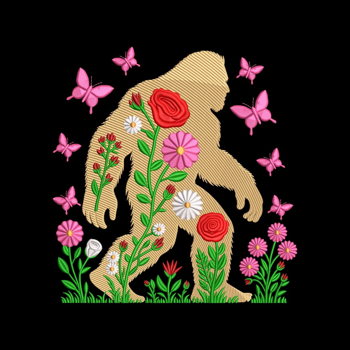 Floral Bigfoot Embroidery Design, Sasquatch Silhouette With Flowers ...