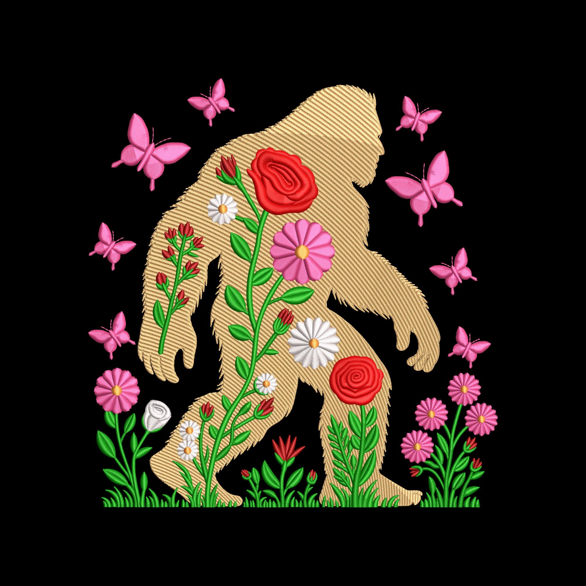 Floral Bigfoot Embroidery Design, Sasquatch Silhouette With Flowers ...