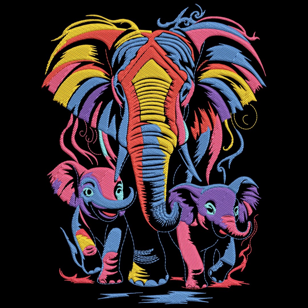 Colorful Elephant Family Embroidery Design, Animal Embroidery Machine ...