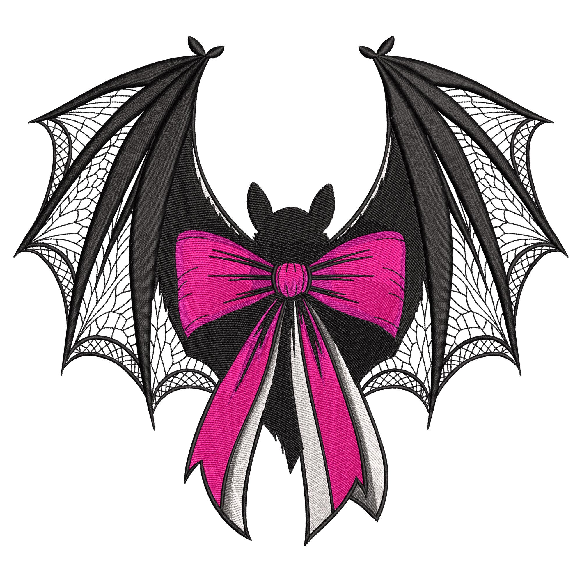 Bat With Bow Halloween Embroidery Design, Spider Web Wings Machine ...