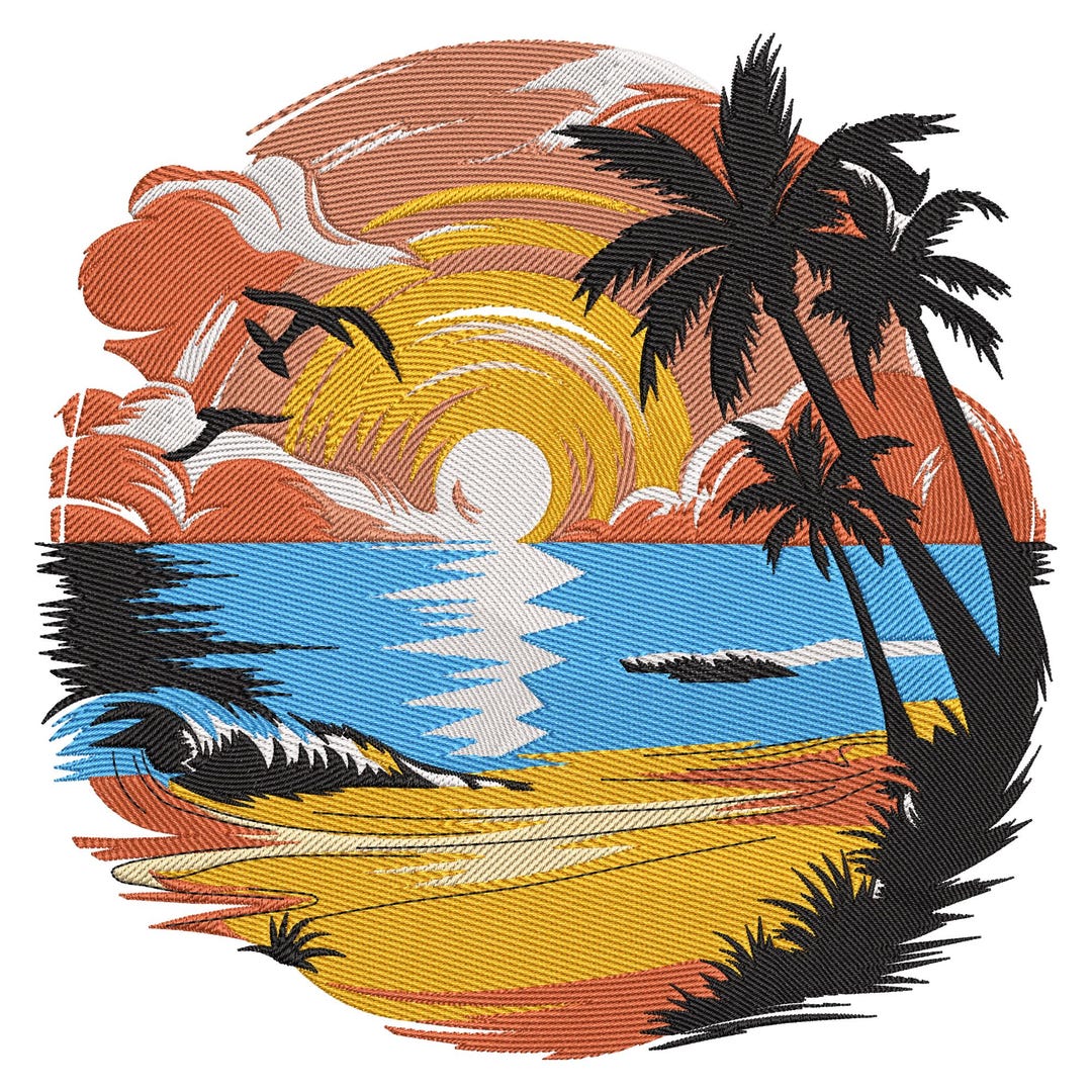 Tropical Sunset Embroidery Design, Beach Waves Machine Embroidery File ...