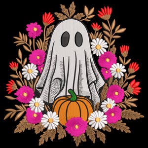 Floral Ghost Embroidery Design: Halloween Boo Applique, Leaves Pumpkin ...