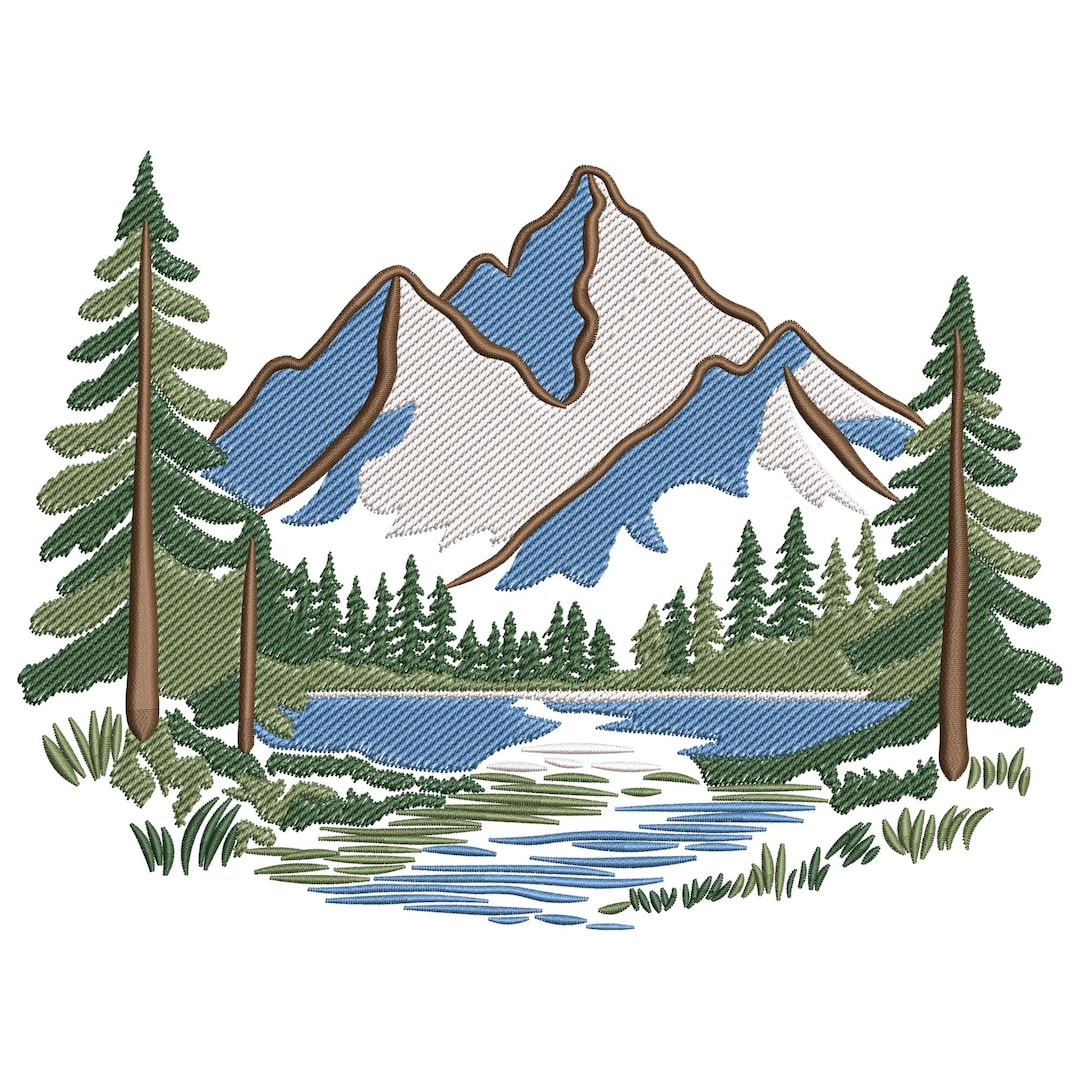 Mountain Lake Embroidery Design, Forest Pine Trees and Mountains Lake ...