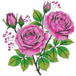 Pink Rose Flower Embroidery Design: Blooming Roses Floral Machine ...