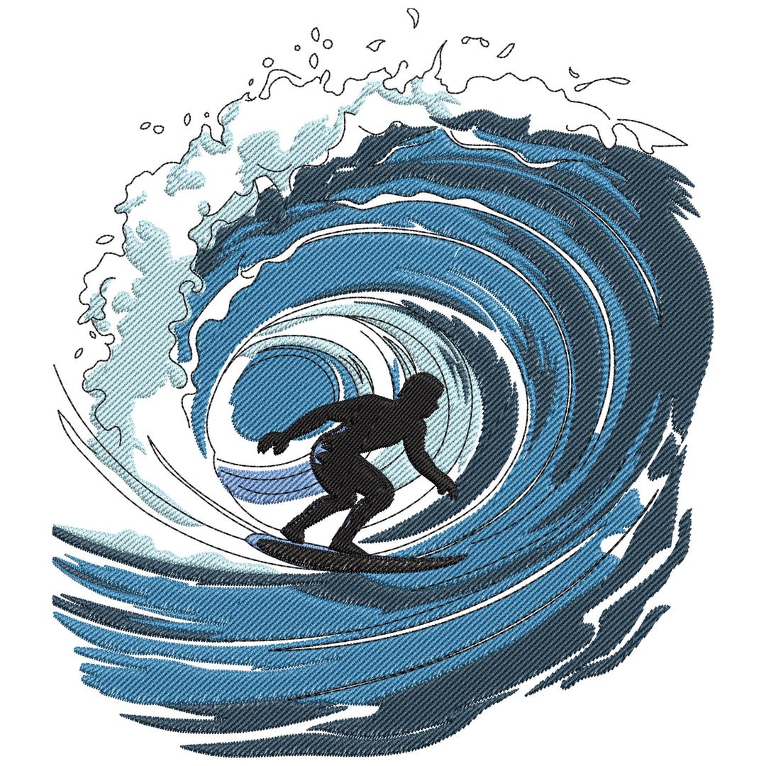 Surfer Riding Big Wave Embroidery Design, Sea Wave Embroidery File ...