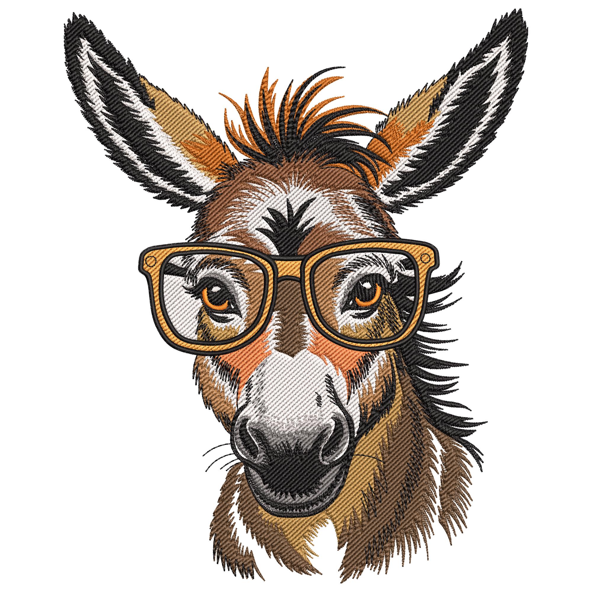 Hipster Donkey Embroidery Design: Farm Animal Machine Embroidery ...