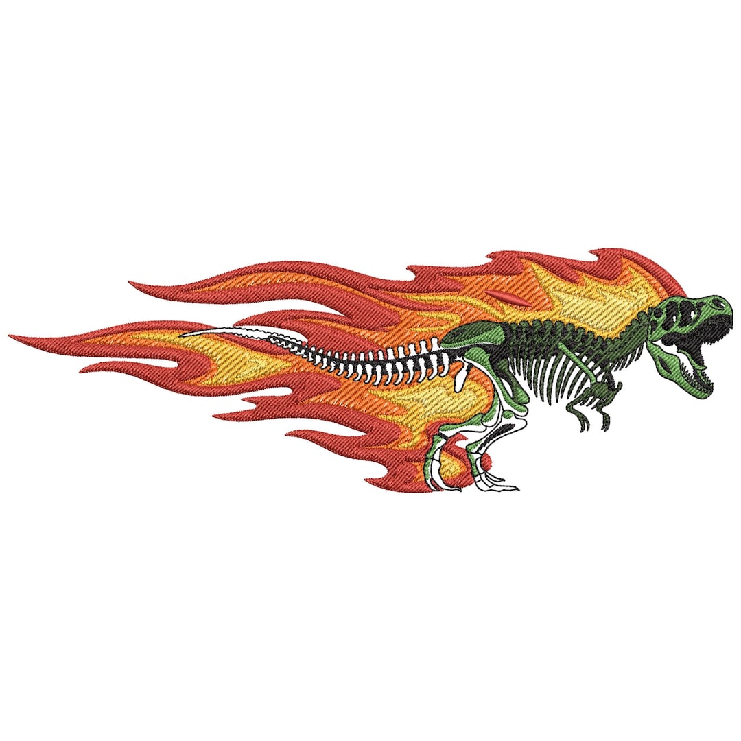 Flaming T-rex Skeleton Embroidery Design, Dinosaur Embroidery Files ...