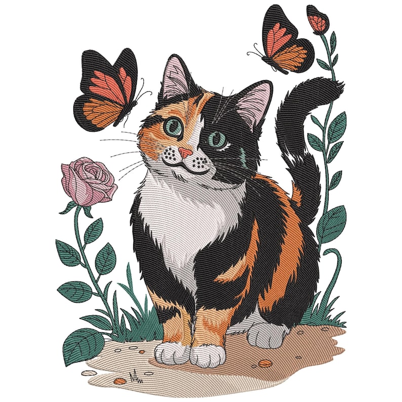 Calico Cat With Butterflies Embroidery Design, Cats and Butterfly ...
