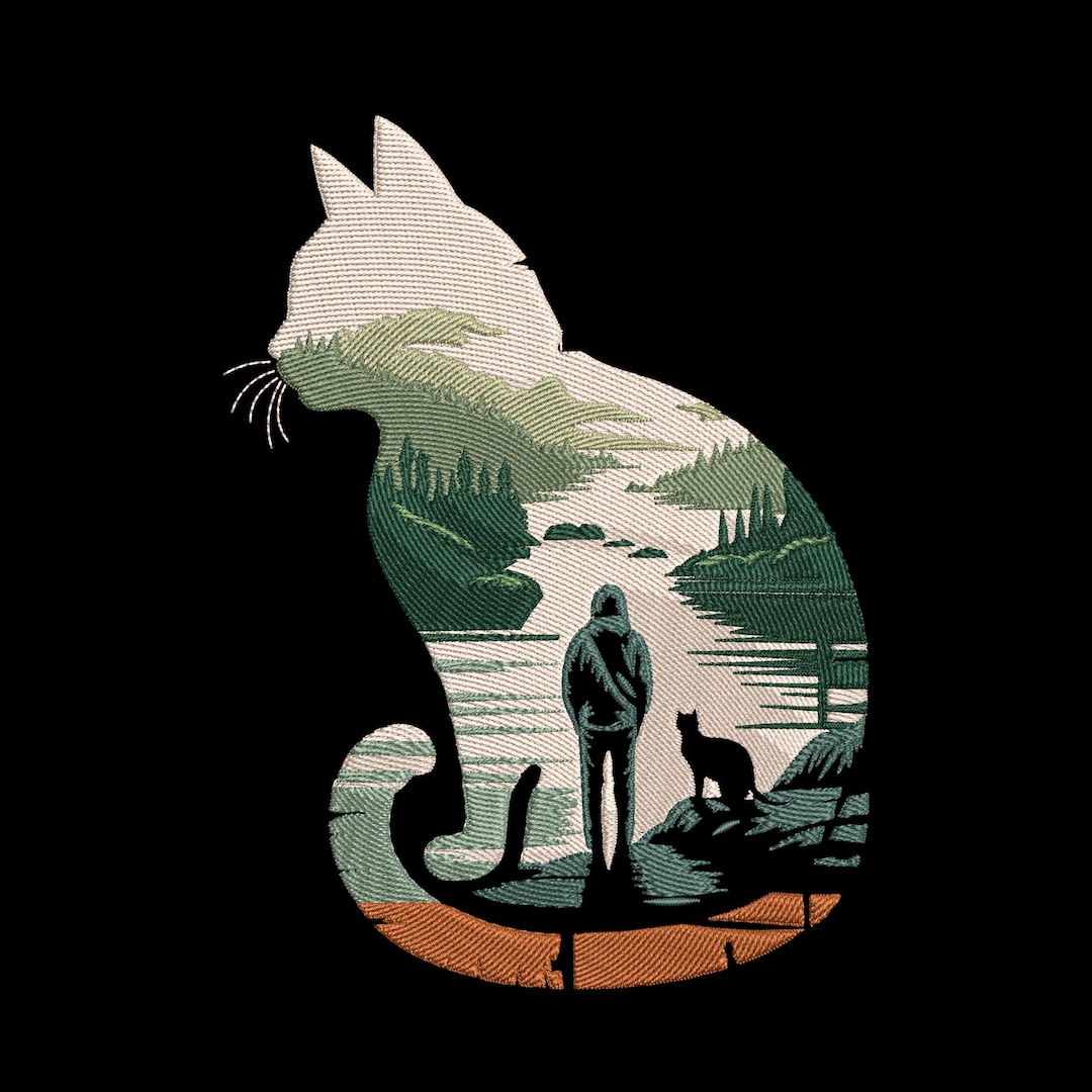 Scenic Cat Silhouette Embroidery Design, Nature Landscape Kitten Art ...