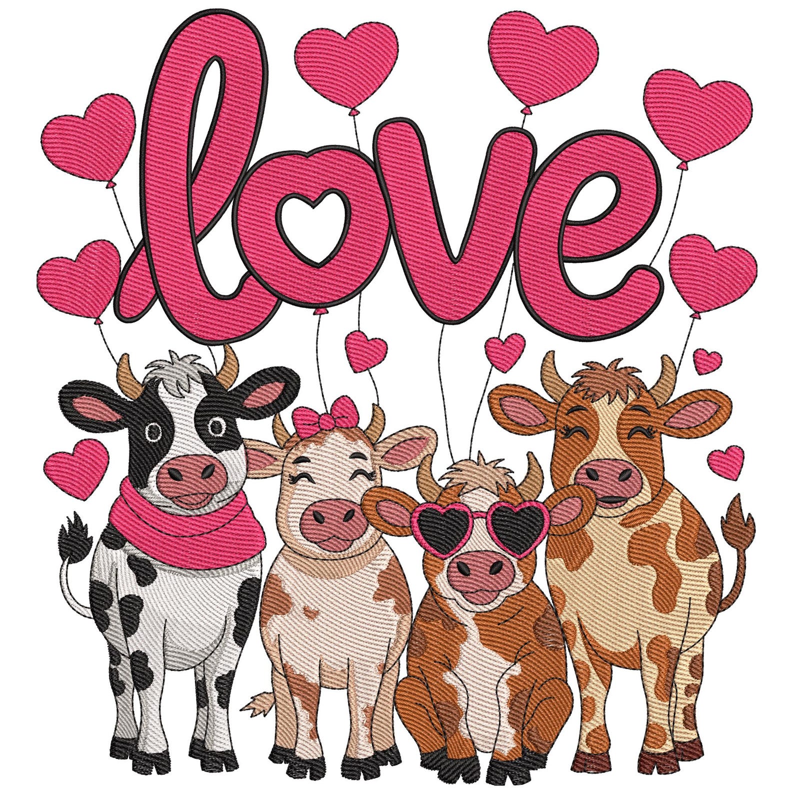Love Cow Squad Embroidery Design: Farm Animal With Hearts and Bows ...