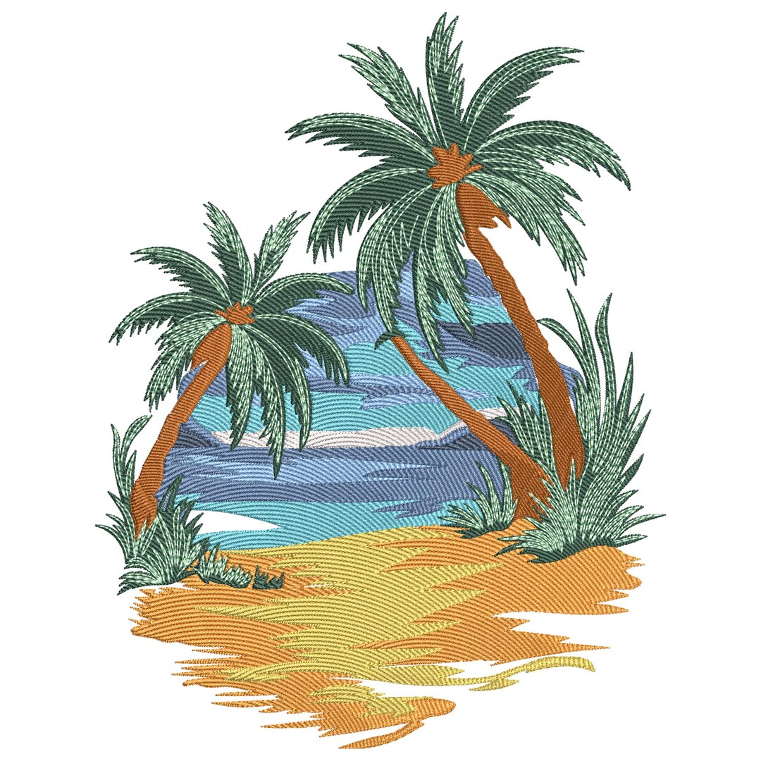 Tropical Beach Scene Embroidery Design, Mini Palm Tree Embroidery File ...