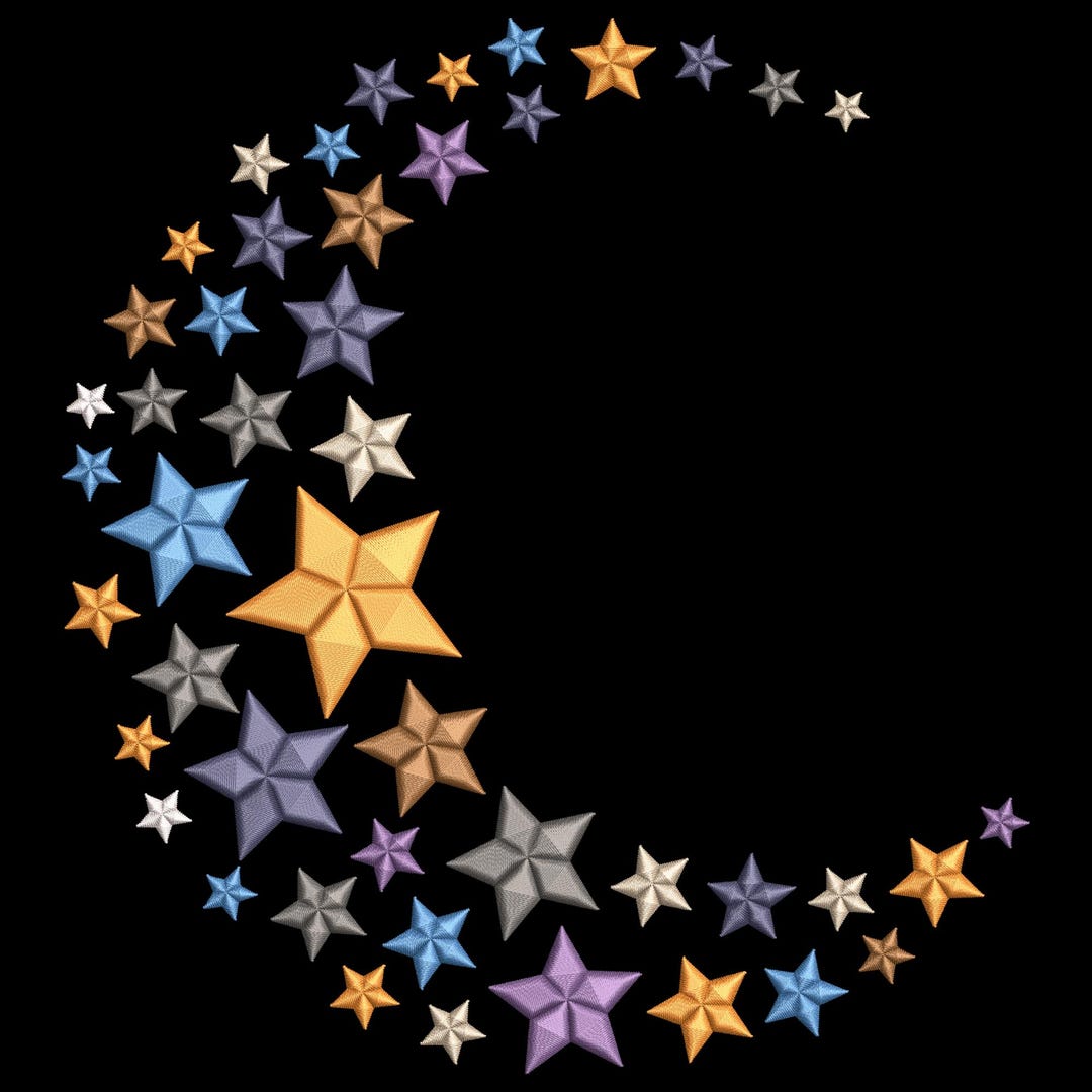 Crescent Moon Star Swirl Embroidery Design: Starry Night Celestial ...