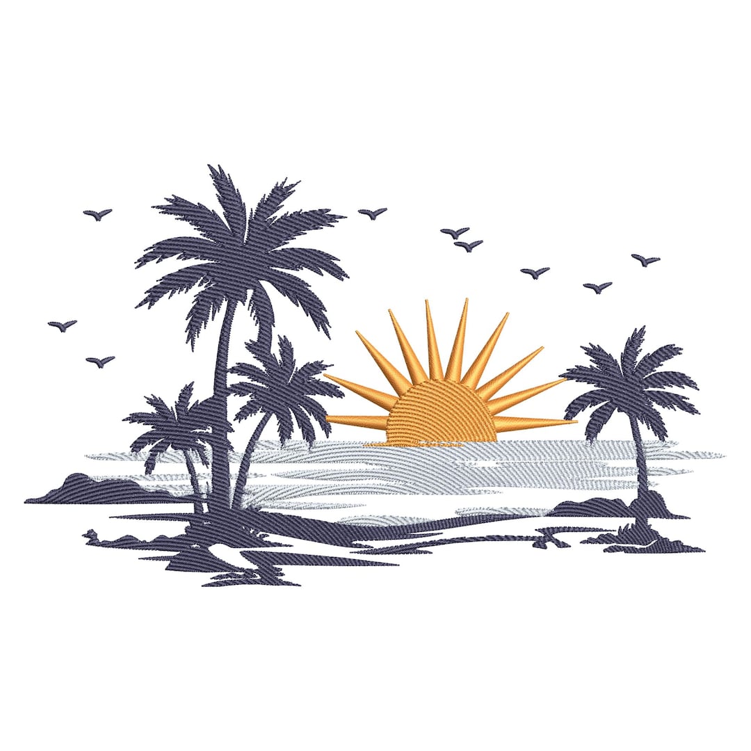 Beach Sunset Embroidery Design: Tropical Palm Tree Summer Seascape ...