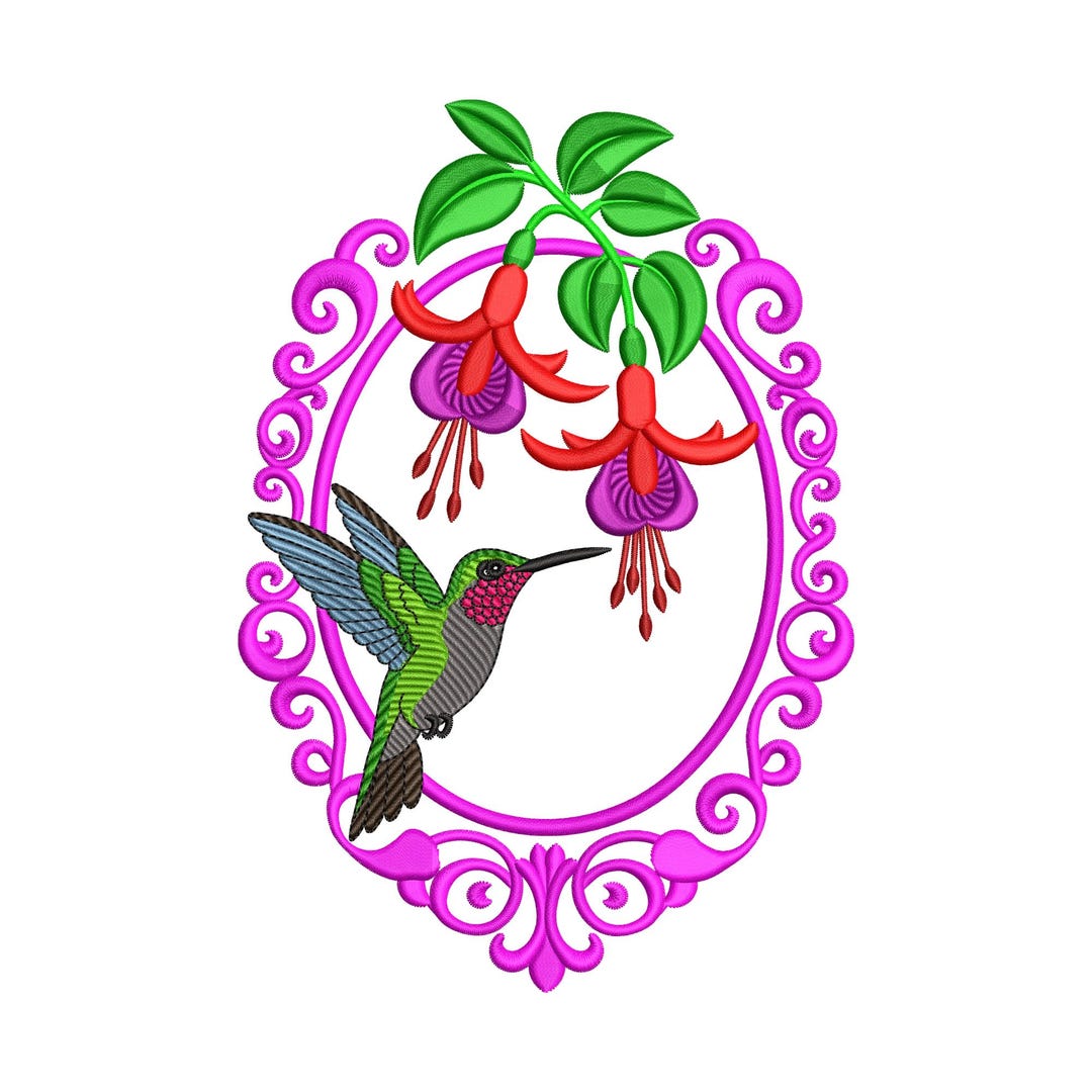 Hummingbird With Fuchsia Frame Embroidery Design, Floral Oval ...