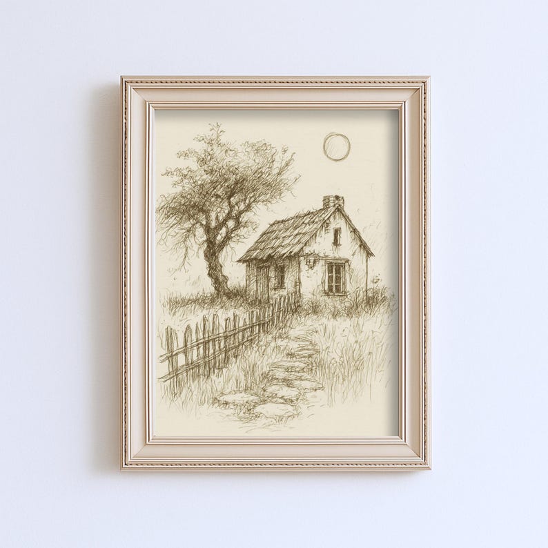 Vintage Cottage Sketch Drawing Minimal Nature Line Wall Art ...