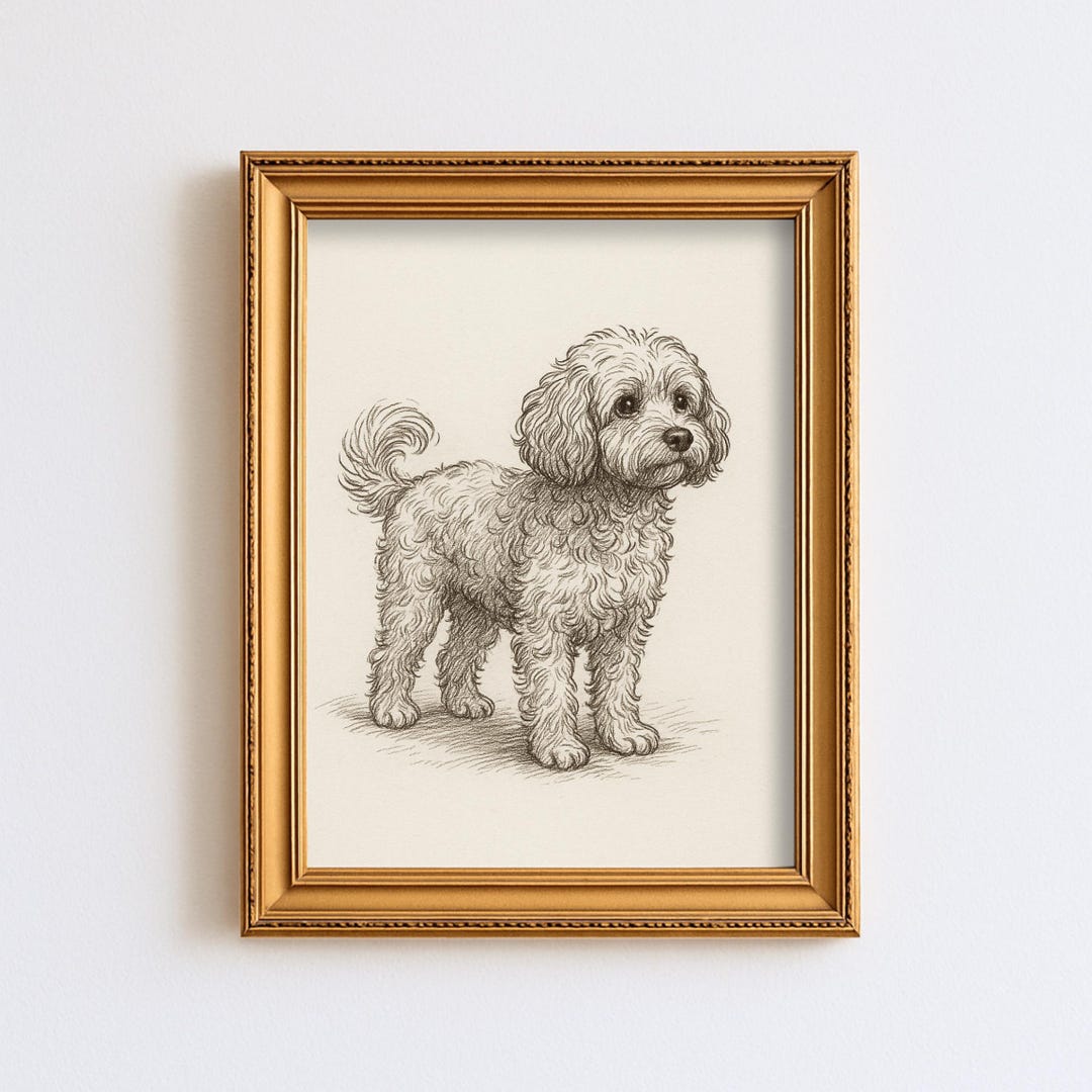 Vintage Cavapoo Sketch Drawing Pet Minimal Line Wall Art Illustration ...