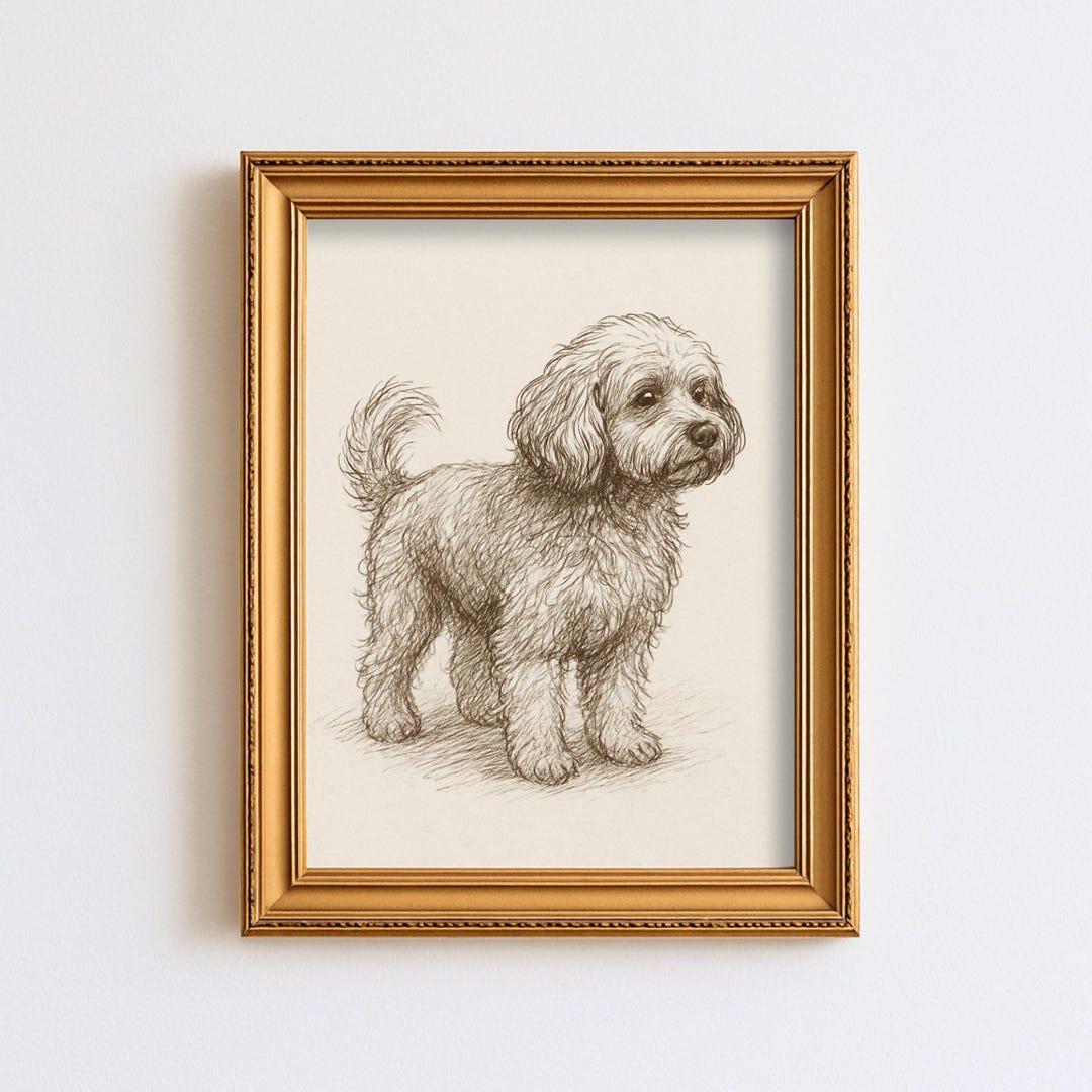 Vintage Cavapoo Sketch Drawing Pet Minimal Line Wall Art Illustration ...