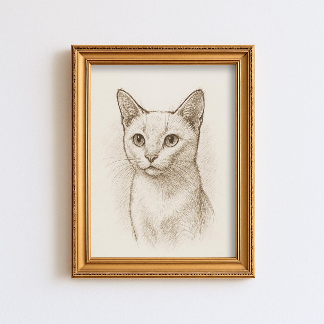 Vintage Khao Manee Cat Sketch Pet Drawing Minimal Line Wall Art ...
