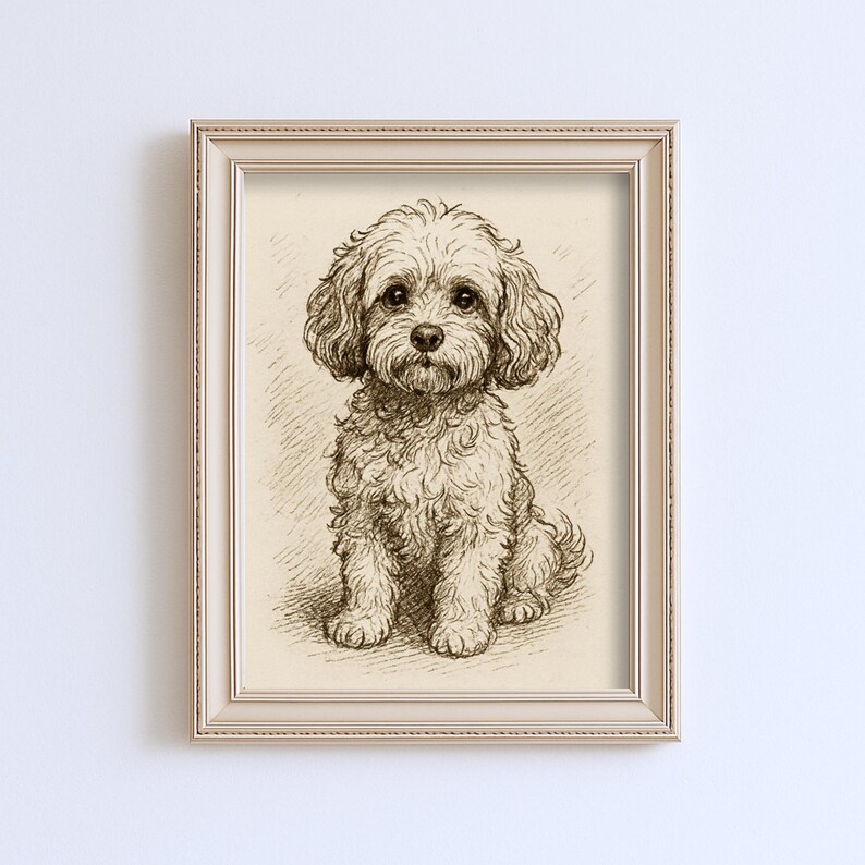 Vintage Cavapoo Sketch Drawing Pet Minimal Line Wall Art Illustration ...