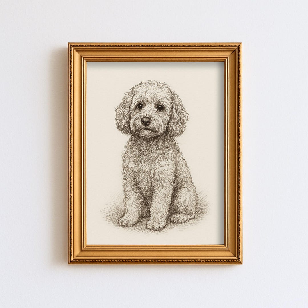 Vintage Cockapoo Dog Sketch Drawing Pet Minimal Line Wall Art ...