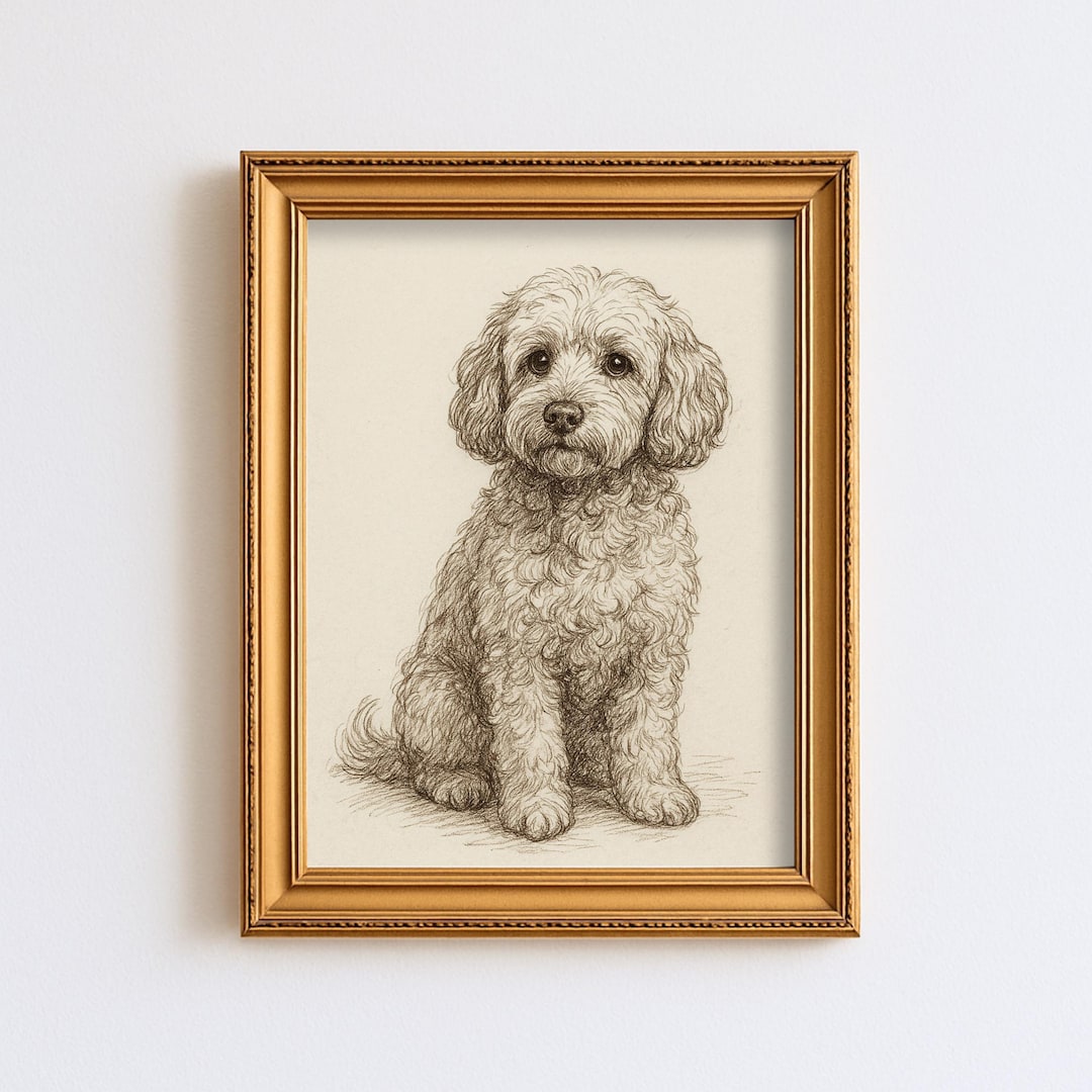 Vintage Cockapoo Dog Sketch Drawing Pet Minimal Line Wall Art ...