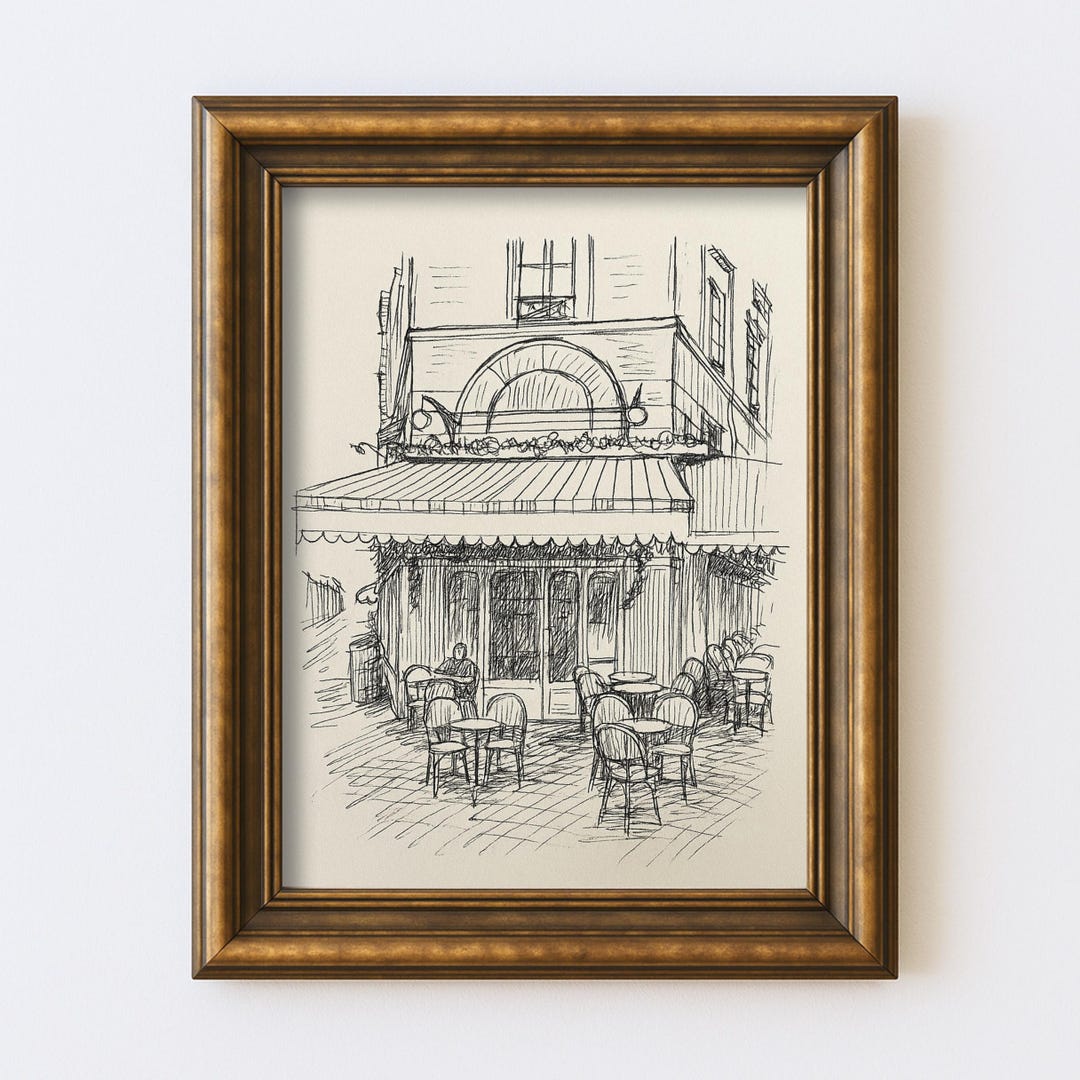 Vintage Parisian Cafe Sketch Print Minimalist Cityscape Line Drawing ...