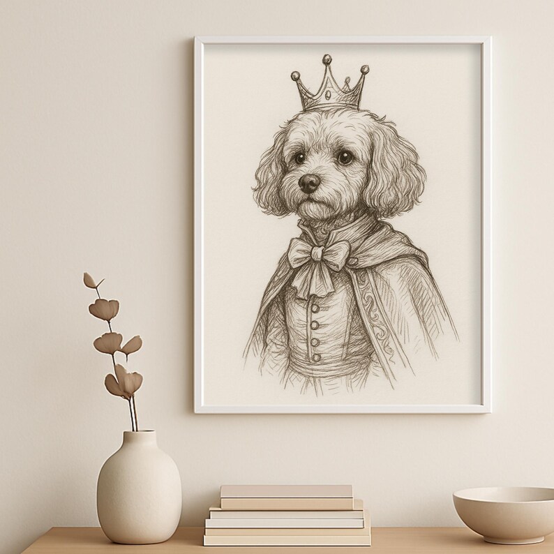 Vintage Prince Cavapoo Whimsical Sketch Drawing Pet Minimal Line Wall ...