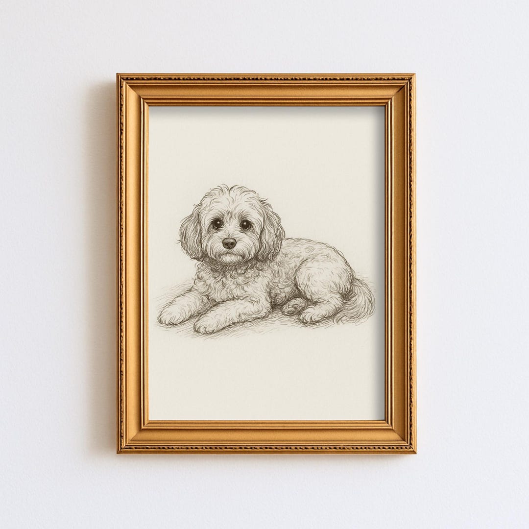 Vintage Cavapoo Sketch Drawing Pet Minimal Line Wall Art Illustration ...