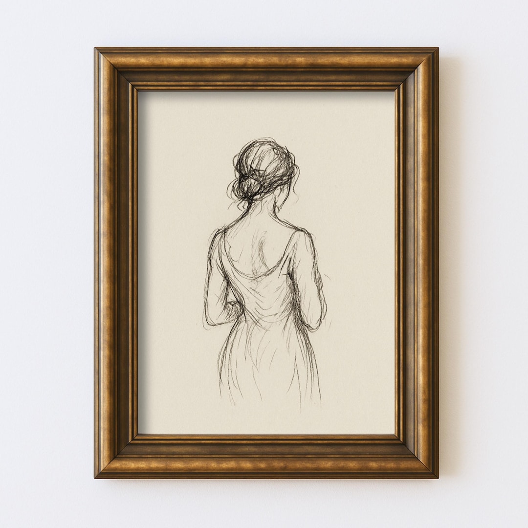 Vintage Woman Figure Sketch Drawing Minimal Female Line Wall Art ...