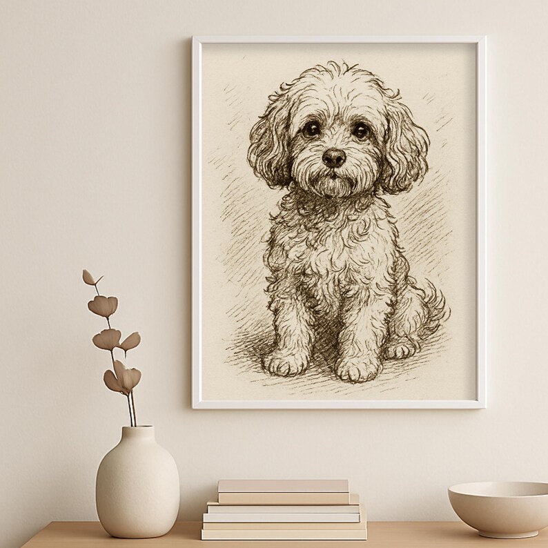 Vintage Cavapoo Sketch Drawing Pet Minimal Line Wall Art Illustration ...