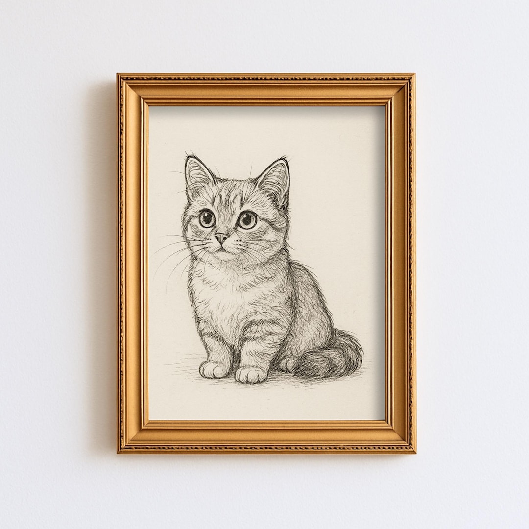 Vintage Munchkin Cat Sketch Drawing Pet Minimal Line Wall Art ...