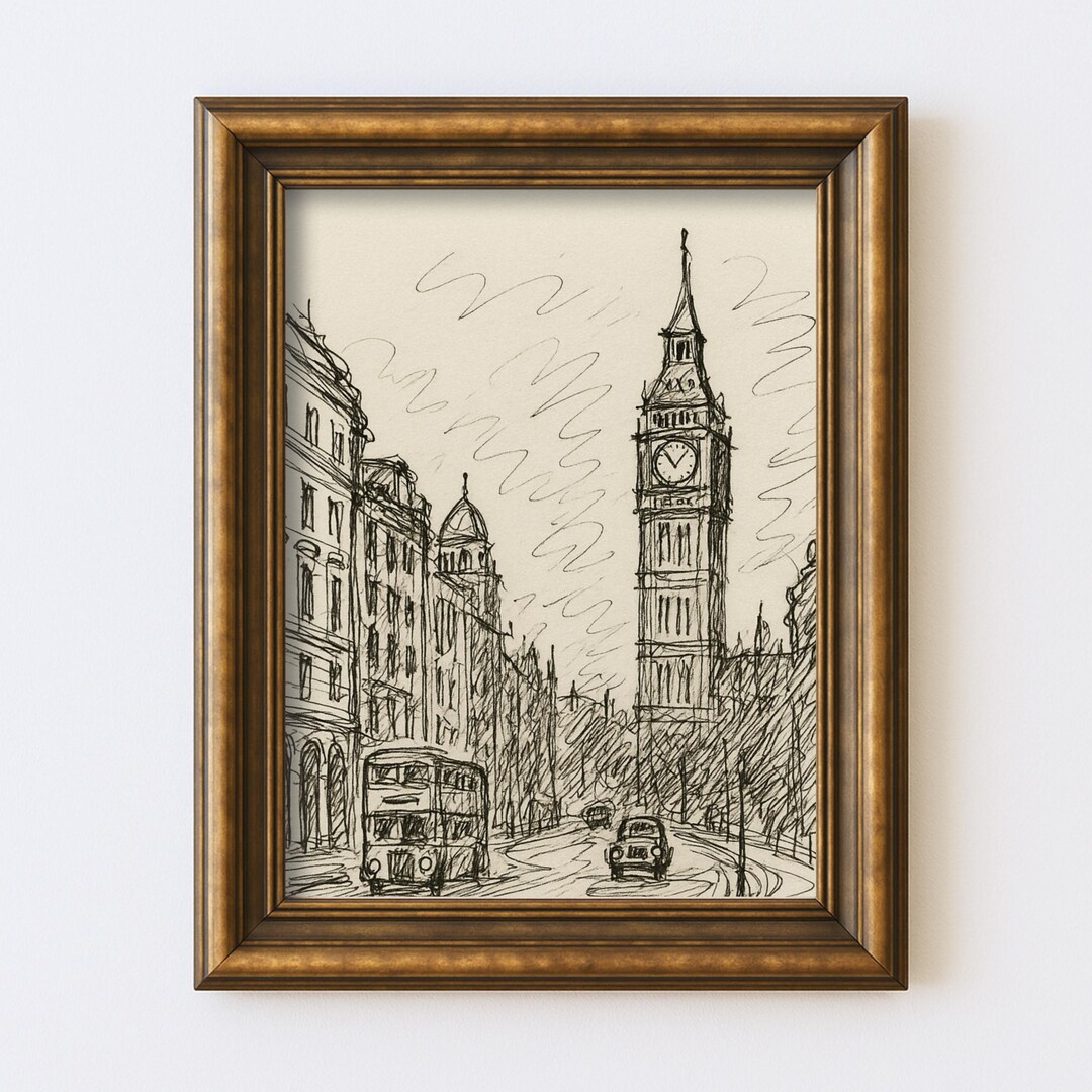Vintage London City Sketch Print Line Wall Art Architectural Urban ...