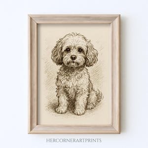 Vintage Cavapoo Sketch Drawing Pet Minimal Line Wall Art Illustration ...