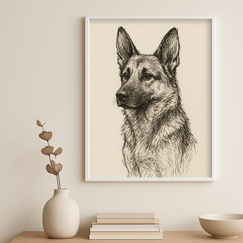 Vintage German Shepherd Dog Sketch Drawing Pet Minimal Line Wall Art ...
