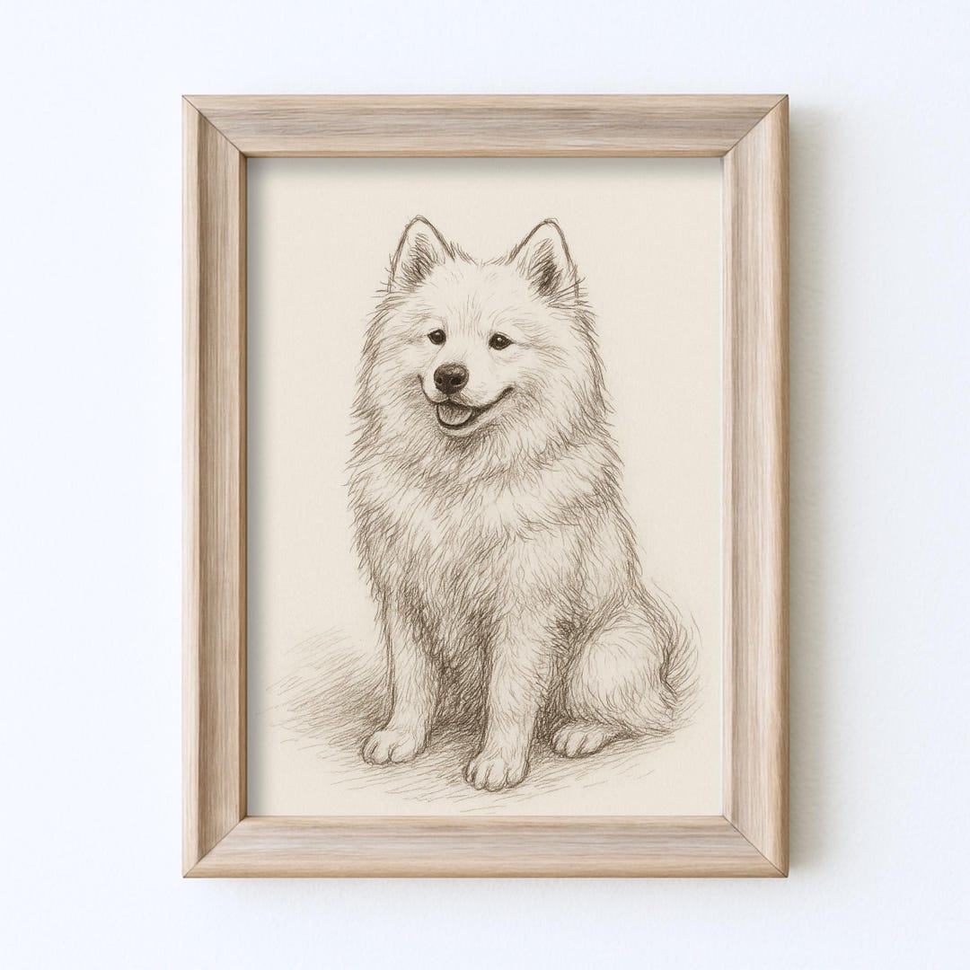 Vintage Samoyed Dog Sketch Drawing Pet Minimal Line Wall Art Print Dog ...
