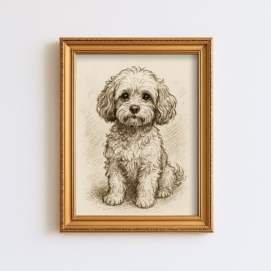 Vintage Cavapoo Sketch Drawing Pet Minimal Line Wall Art Illustration ...