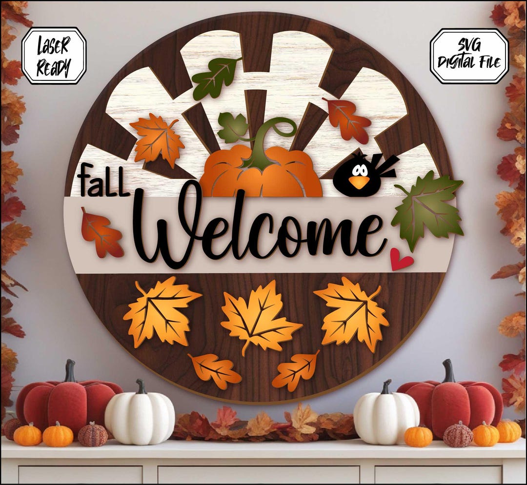 Welcome Fall Door Sign SVG, Round Door Hanger, Porch Sign, Hello Fall ...