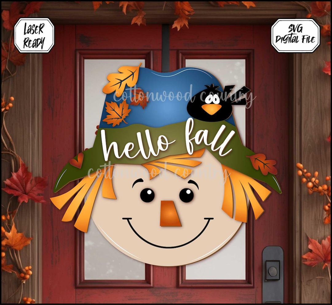 Scarecrow Hello Fall Sign SVG, Fall Door Hanger, Porch Sign, Welcome ...