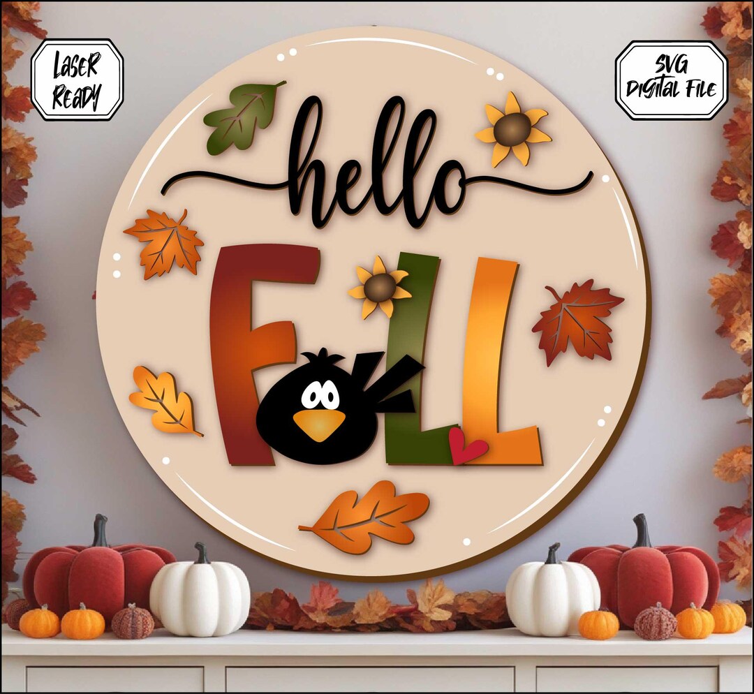 Hello Fall Door Sign SVG, Welcome, Round Door Hanger, Porch Sign, Hello ...