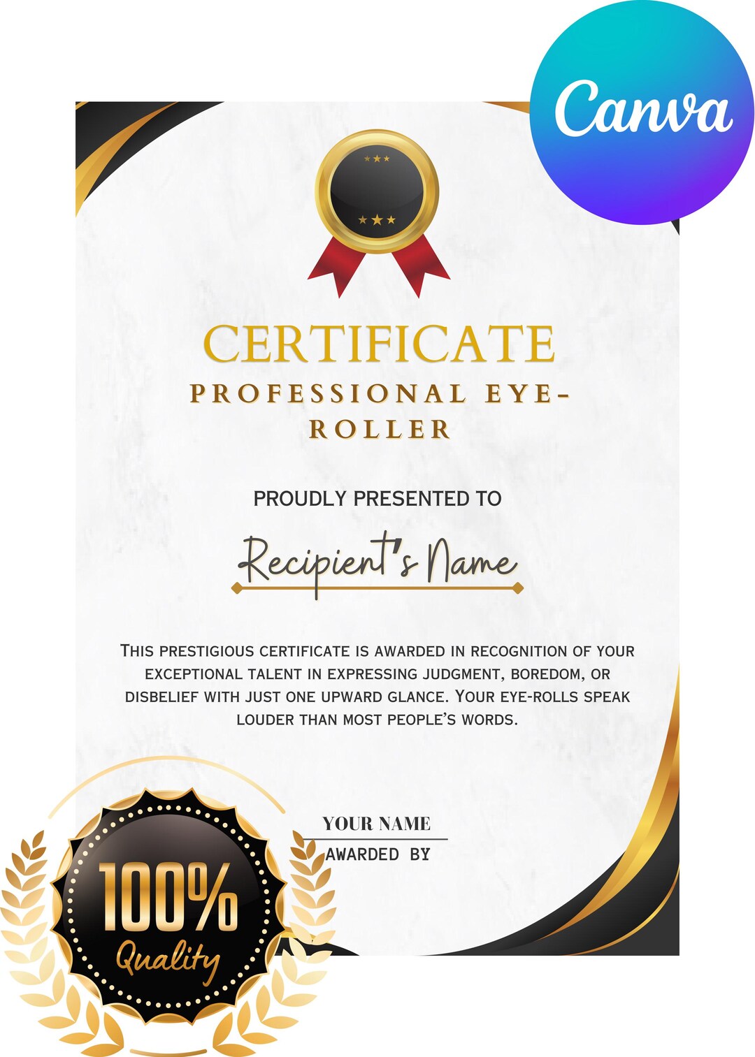 Eye-roller Certificate – Funny Printable Gag Award | Editable Canva ...