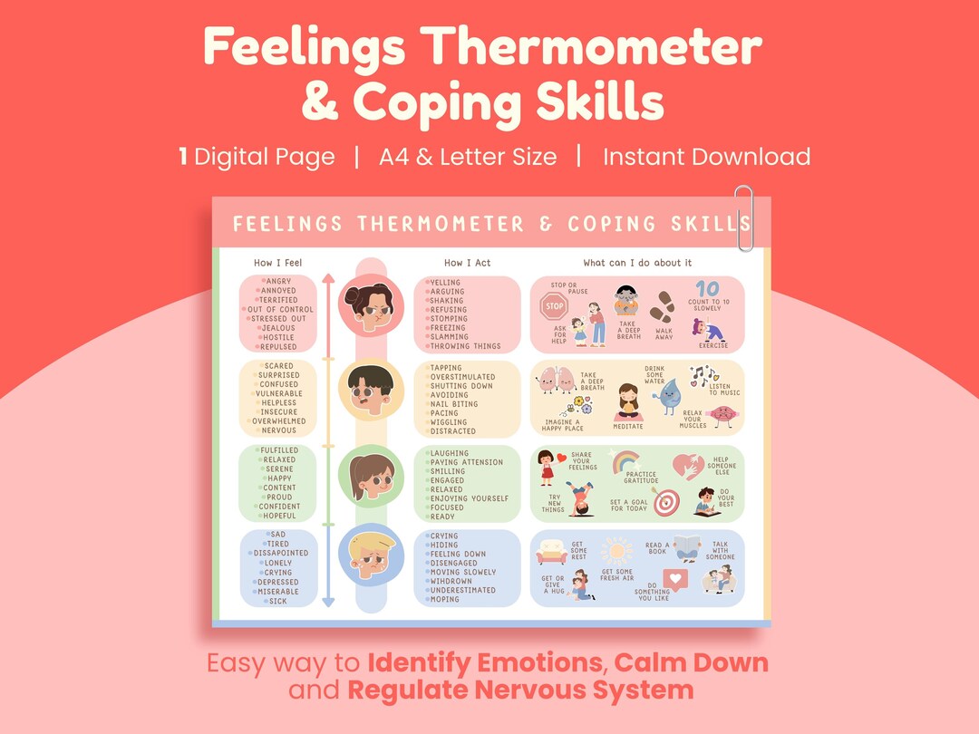 Feelings Thermometer & Coping Skills Chart: Emotional Regulation Tool ...