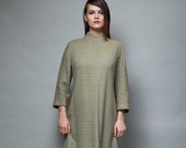 MOD A-line Shift Dress Vintage 60s Wool Damask Blue Yellow - Etsy
