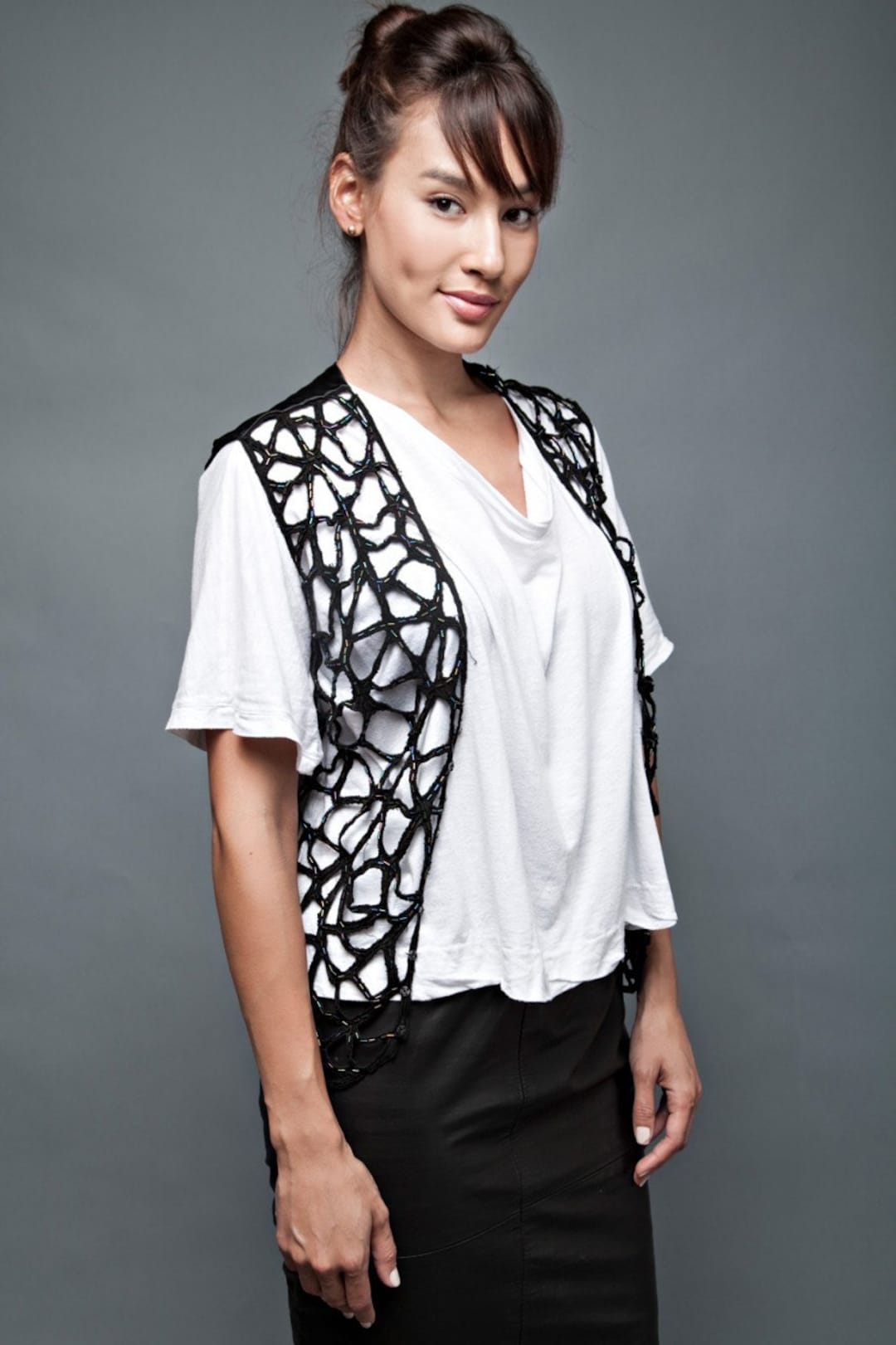 Vintage 80s Vest Black Mesh Cutout Spider Web Beads Beaded Layer Cotton ...
