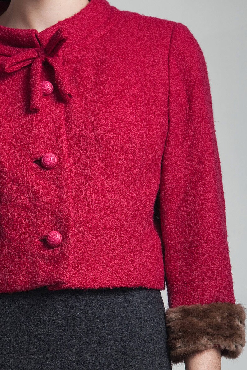 50s Vintage Red Fur Trim Jacket Textured Bucle Raspberry Coat - Etsy