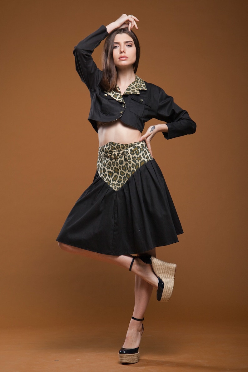 Crop Top Mini Skirt Set Midriff Leopard Animal Print Black - Etsy